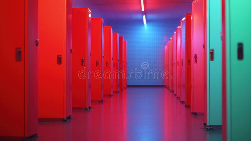 Vibrant Corridor of Colorful Lockers in Red and Green Hues, Creating ...