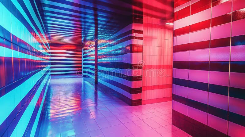 A Vibrant Corridor with Colorful Striped Walls and Reflective Surfaces ...