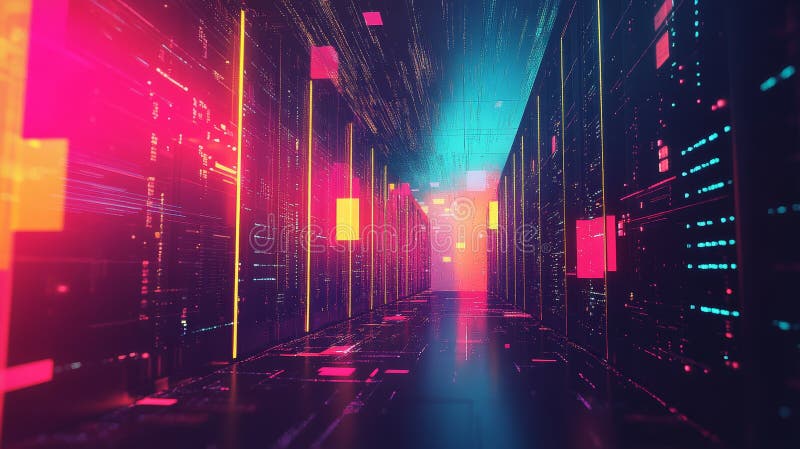 A Vibrant Corridor of a Futuristic Data Center with Illuminated Servers ...