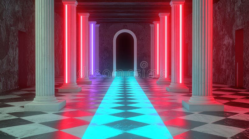 Vibrant Corridor with Glowing Neon Pillars and Checkered Floor Creates ...