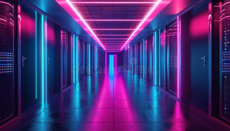 A Vibrant Corridor with Neon Lights in a Modern Data Center at Night ...