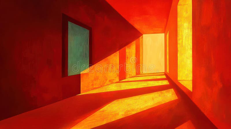 A Vibrant Corridor with Warm Colors and Geometric Shapes, Evoking Depth ...