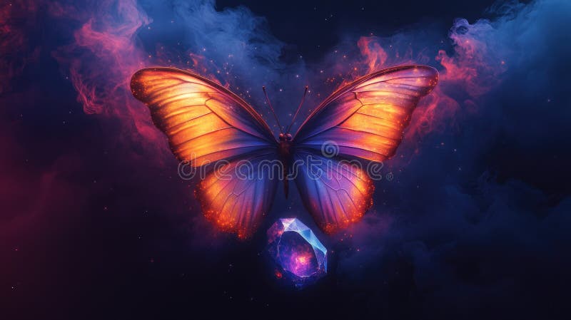 Vibrant Cosmic Butterfly with Glowing Wings and Mystical Gem Stock ...