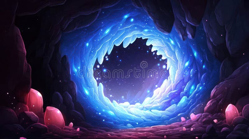 A Vibrant, Cosmic Cave with Glowing Crystals and a Starry Void at Its ...