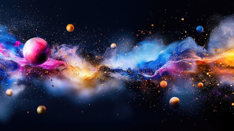 Vibrant Cosmic Explosion with Glowing Nebula and Floating Planets Stock ...