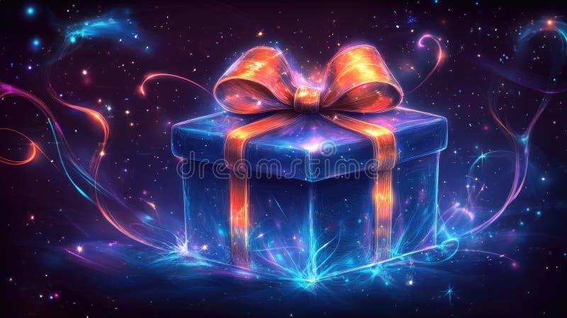 Vibrant Cosmic Gift Box with Glowing Ribbon and Galactic Background ...