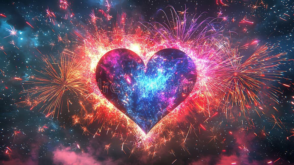Vibrant Cosmic Heart with Exploding Fireworks Celebrating Love and ...