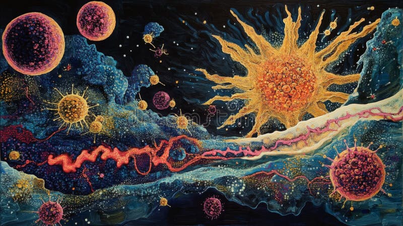 Vibrant Cosmic Landscape with a Central Sun Stock Illustration ...