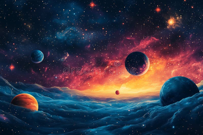 A Vibrant Cosmic Landscape with Colorful Planets Drifting through ...