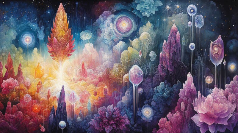 Vibrant Cosmic Landscape with Crystal Structures Stock Illustration ...