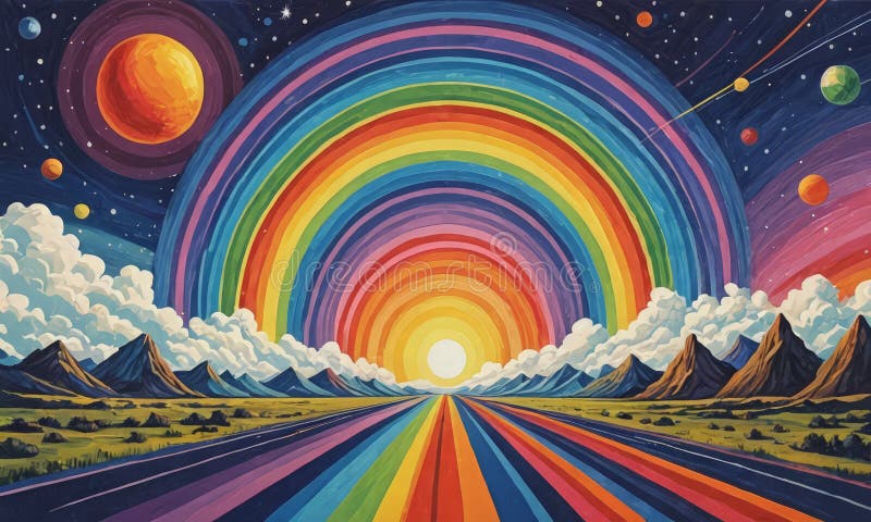 Vibrant, Cosmic Landscape Features Rainbow Arching Over Road ...