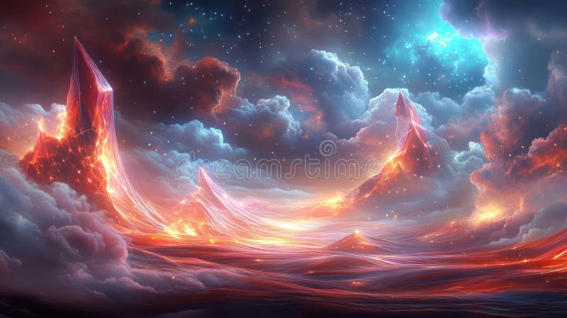 A Vibrant Cosmic Landscape Featuring Glowing Mountains and Colorful ...