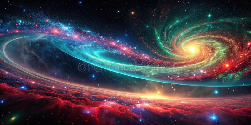 A Vibrant Cosmic Landscape Featuring a Swirling Galaxy and a Planet ...