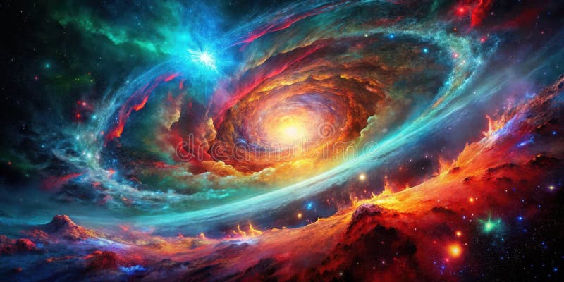 A Vibrant Cosmic Landscape Featuring a Swirling Nebula and Fiery ...
