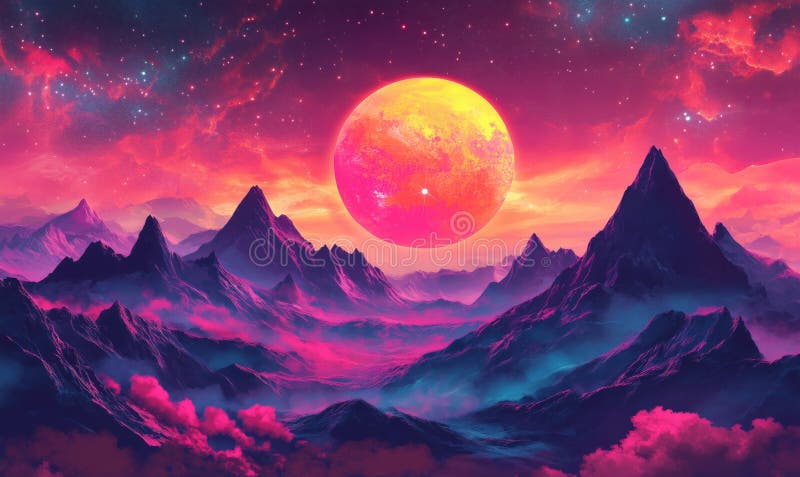 Vibrant Cosmic Landscape with Mountains and Glowing Sun Stock Image ...
