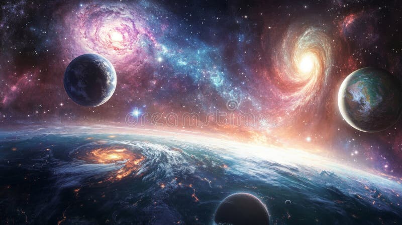 Vibrant Cosmic Landscape Planets Nebulae and Stars Stock Illustration ...