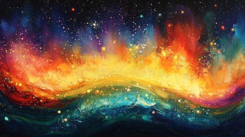 Vibrant Cosmic Nebula Painting with Fire and Stars Stock Illustration ...