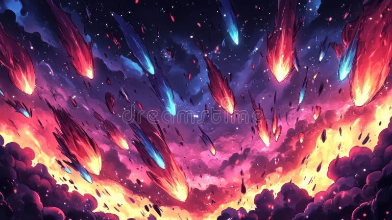A Vibrant Cosmic Scene with Colorful Meteors Falling through a Starry ...