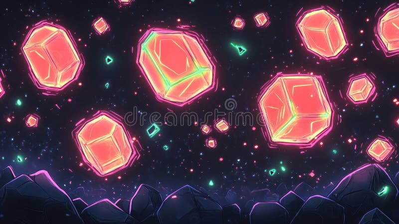 Neon Glowing Crystals Floating in Space, Futuristic Fantasy Landscape ...