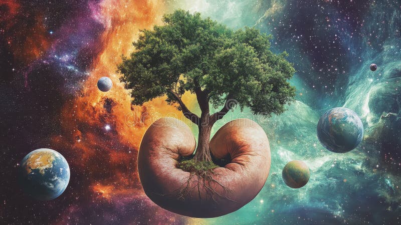 Vibrant Cosmic Scene with a Rooted Tree in Space Stock Image - Image of ...