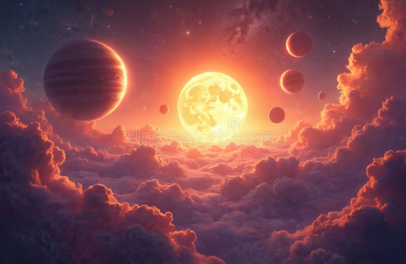 Vibrant Cosmic Scene Shows Solar System Planets with Moon Above Glowing ...