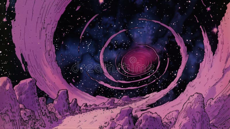 A Vibrant Cosmic Scene with Swirling Galaxies and Rocky Formations in a ...