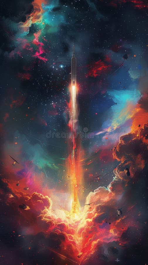 Vibrant Cosmic Scene with Towering Rocket Launch and Colorful Nebula ...