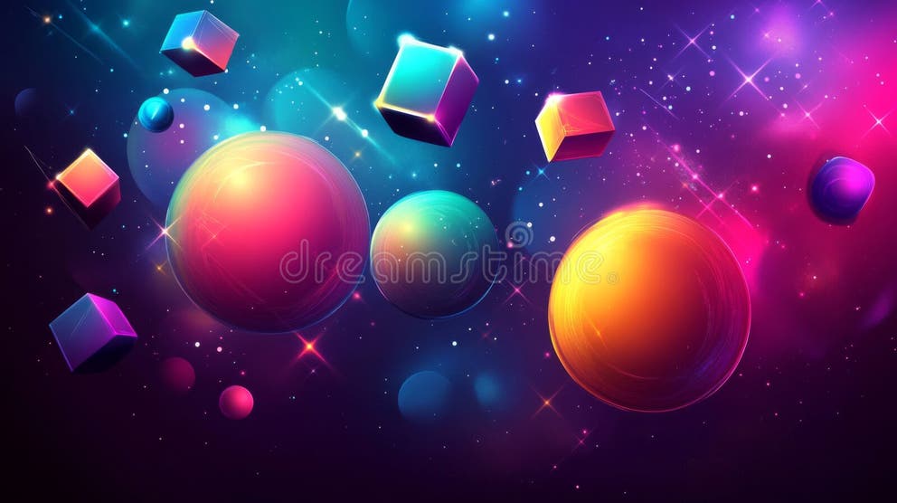 Vibrant Cosmic Spheres and Cubes Float in Space Stock Illustration ...