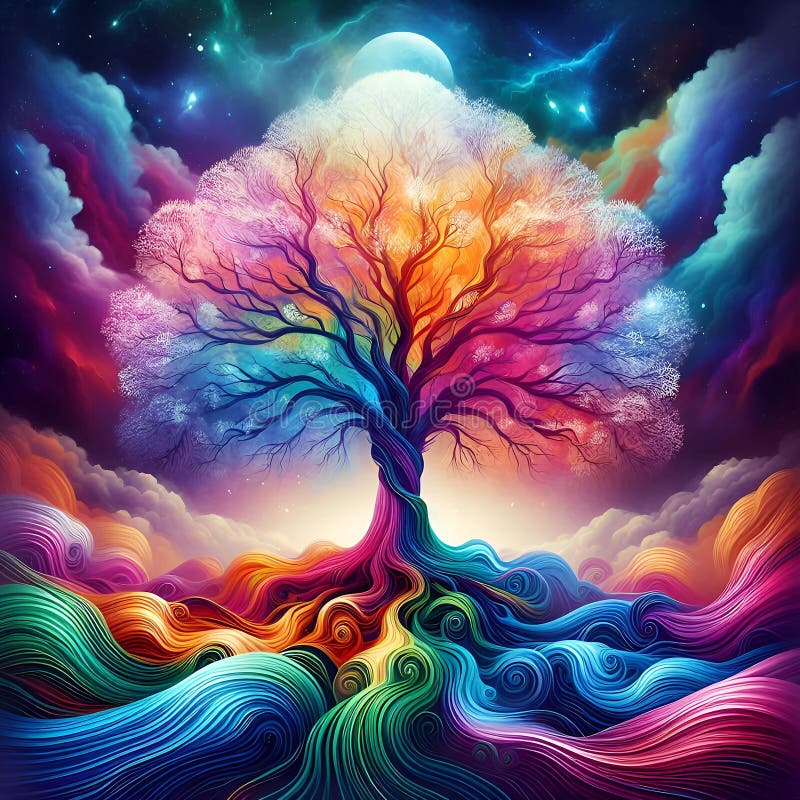 Vibrant Cosmic Tree with Colorful Roots and Celestial Background. Stock ...