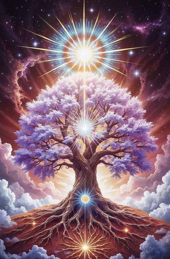 Vibrant Cosmic Tree of Life Surrounded by Celestial Elements, Sacred ...