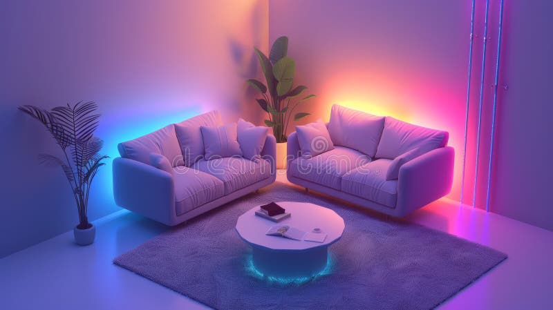 Vibrant and Cozy Living Room with LED Lighting Creating a Warm and ...
