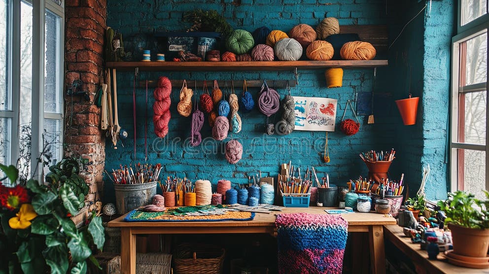 A Vibrant Crafting Corner with Brightly Colored Yarn, Needles, and ...