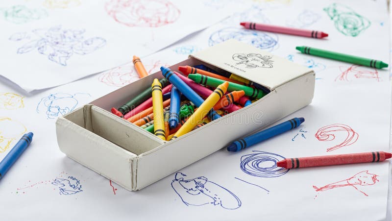 Vibrant Crayon Box Open on Table with Doodled Sheets Stock Illustration ...