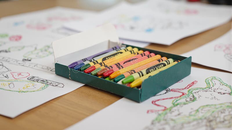 Vibrant Crayon Box Open on Table with Doodled Sheets Stock Illustration ...