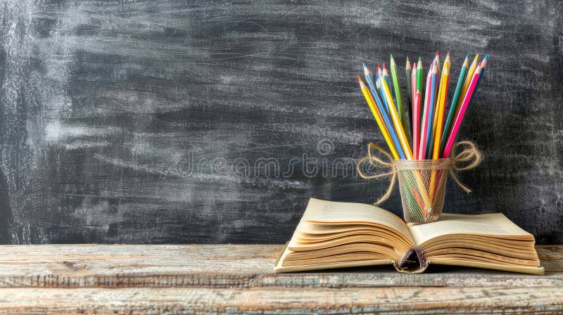 Vibrant Creativity Unleashed: Open Book, Colored Pencils, Blackboard ...