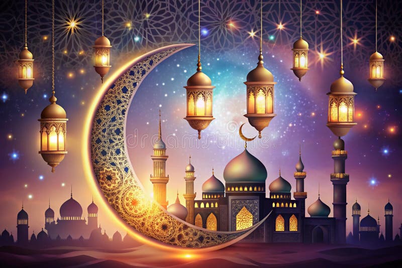 Vibrant Crescent Moon Art with Islamic Floral Design Stock Illustration ...
