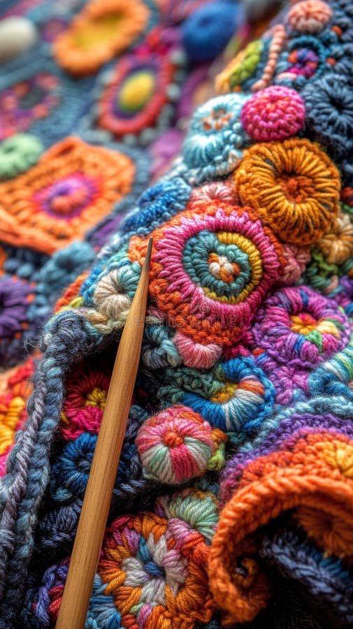 Colorful Crochet Work with Intricate Patterns and Wooden Hook Crafted ...