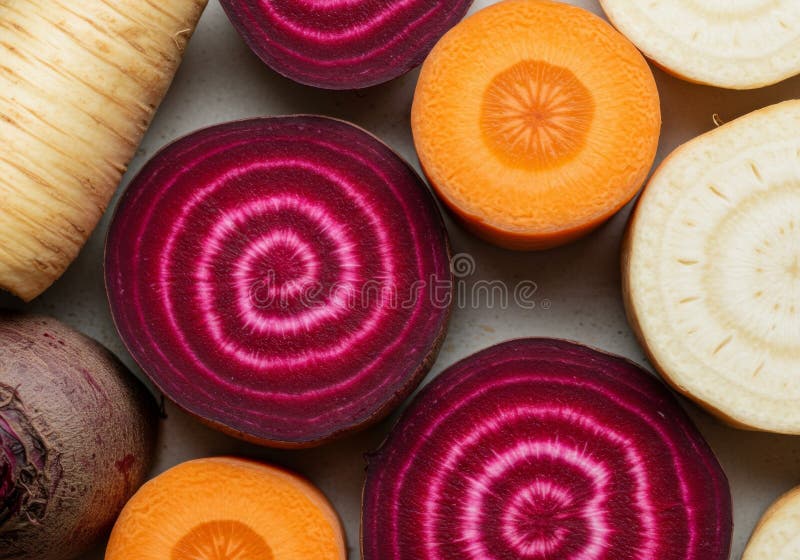 Vibrant Cross Section of Beetroot Carrot and Parsnip Stock Illustration ...