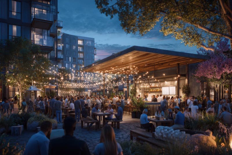 Outdoor Gathering at a Lively Urban Venue during Twilight with ...