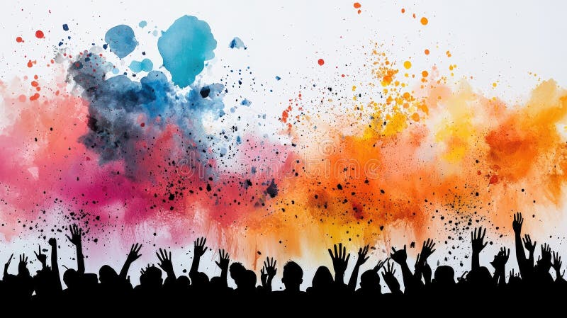 Vibrant Crowd Silhouette with Colorful Watercolor Splashes Representing ...