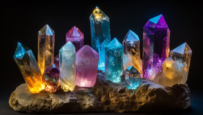 Vibrant Crystal Cluster on Rock Illuminated High Quality Image Stock ...