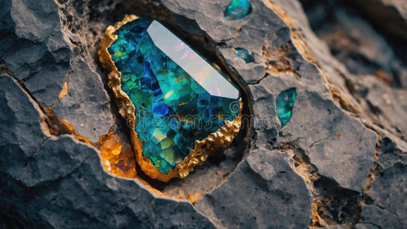 Luminous Teal Gemstone in Raw Rock, Exquisite Gold Setting Stock ...