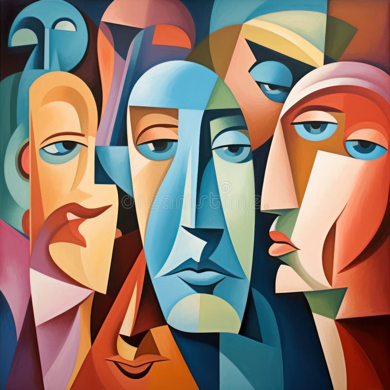 A Vibrant Cubist Art Piece Featuring a Range of Expressive Human Faces ...