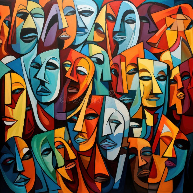 Vibrant Cubist Art Presenting a Kaleidoscopic Array of Abstract Facial ...