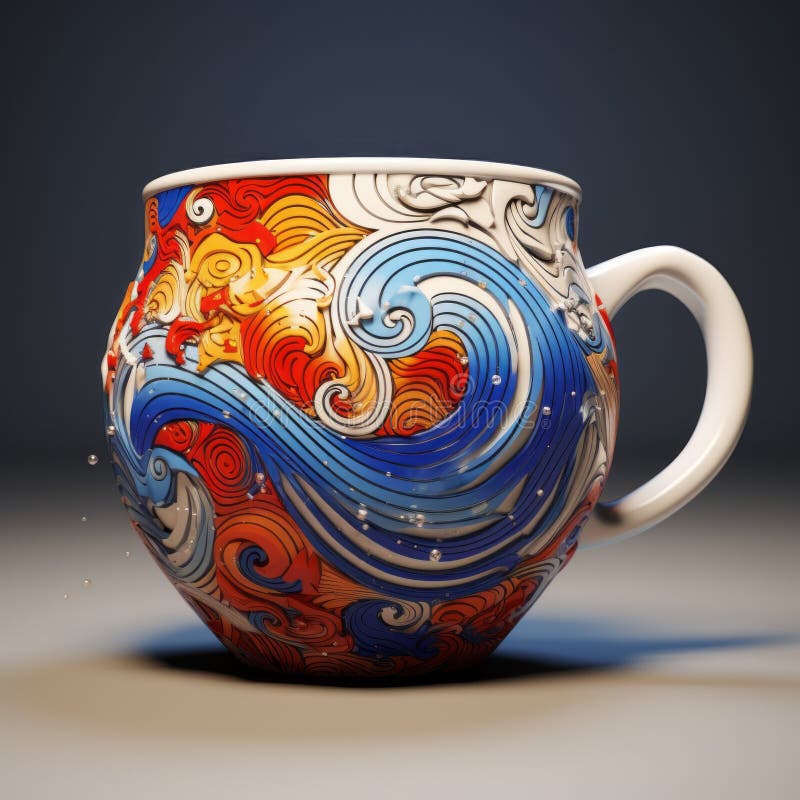 Vibrant Cup with Hyper-detailed Wave Design - Chinese Cultural Themes ...