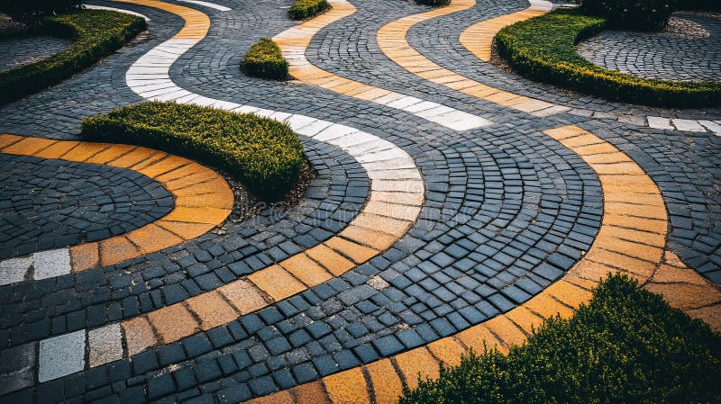 Vibrant Curved Pathway with Geometric Patterns and Greenery in Urban ...