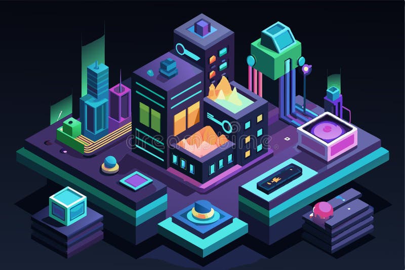 A Vibrant, Customizable Dark Mode Isometric Illustration Showcases a ...