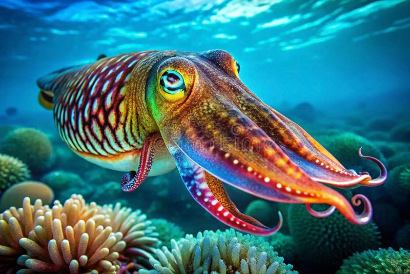 Vibrant Cuttlefish in Coral Reef Underwater Scene Stock Illustration ...
