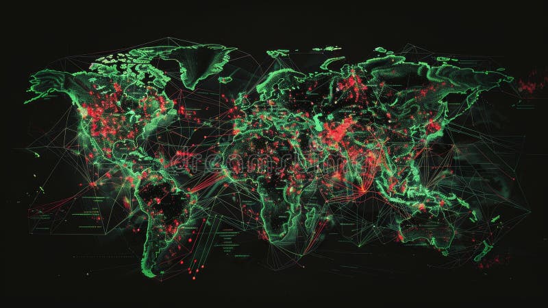 Vibrant Cyber Attack World Map Intricate Patterns of Data Flow in Neon ...