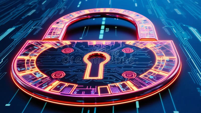 Vibrant Cyber Lock Pattern with Neon Holograms in Deep Blue Cyber Field ...
